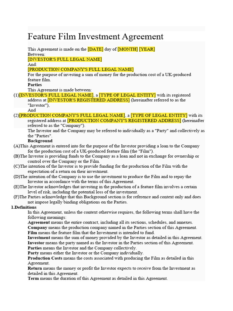 Feature Film Investment Agreement | PDF | Indemnity | Arbitration