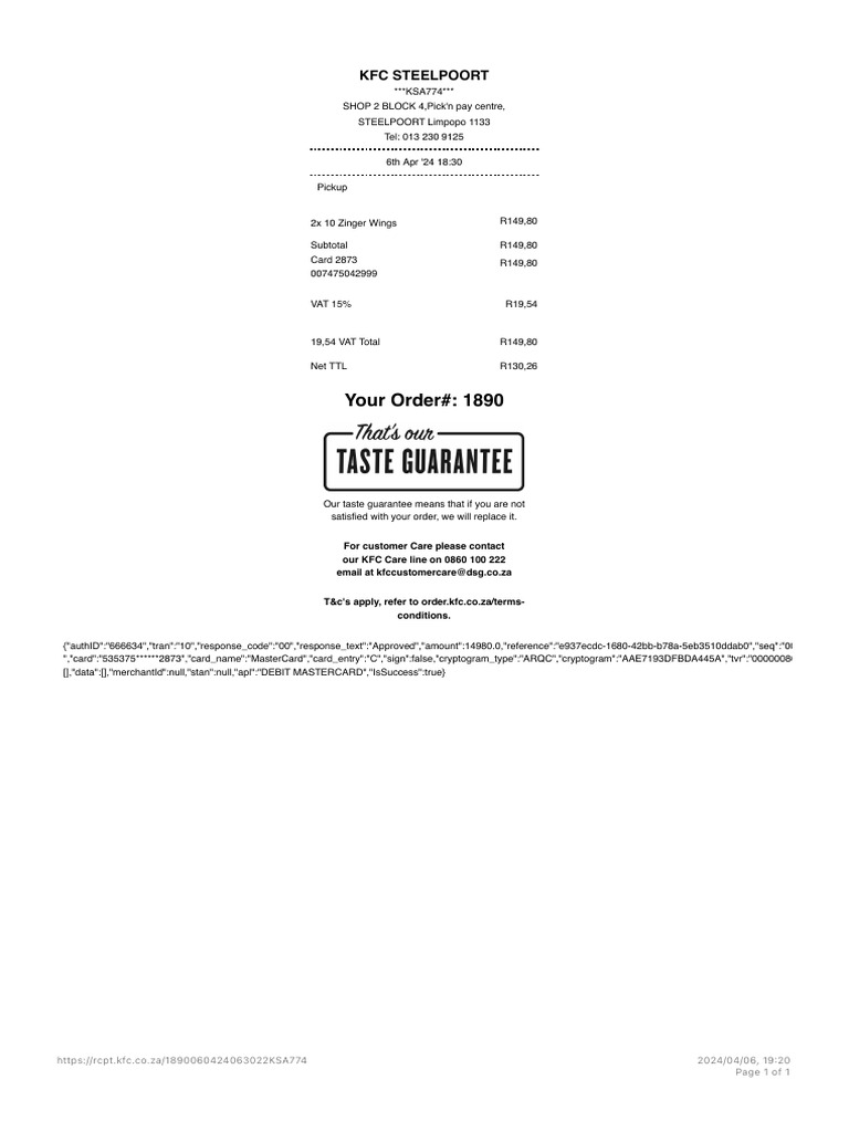 KFC South Africa - Kiosk Digital Receipt | Download Free PDF | Payments ...