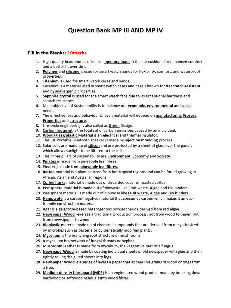 Question Bank - MP III, MP IV - (Students) | PDF | Wood | Fibers