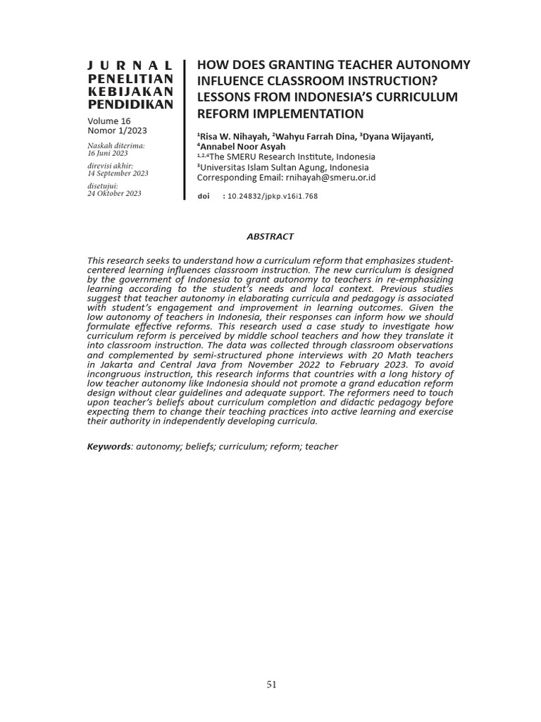 How Does Granting Teacher Autonomy Influence Classroom Instruction? Lessons From Indonesia's ...