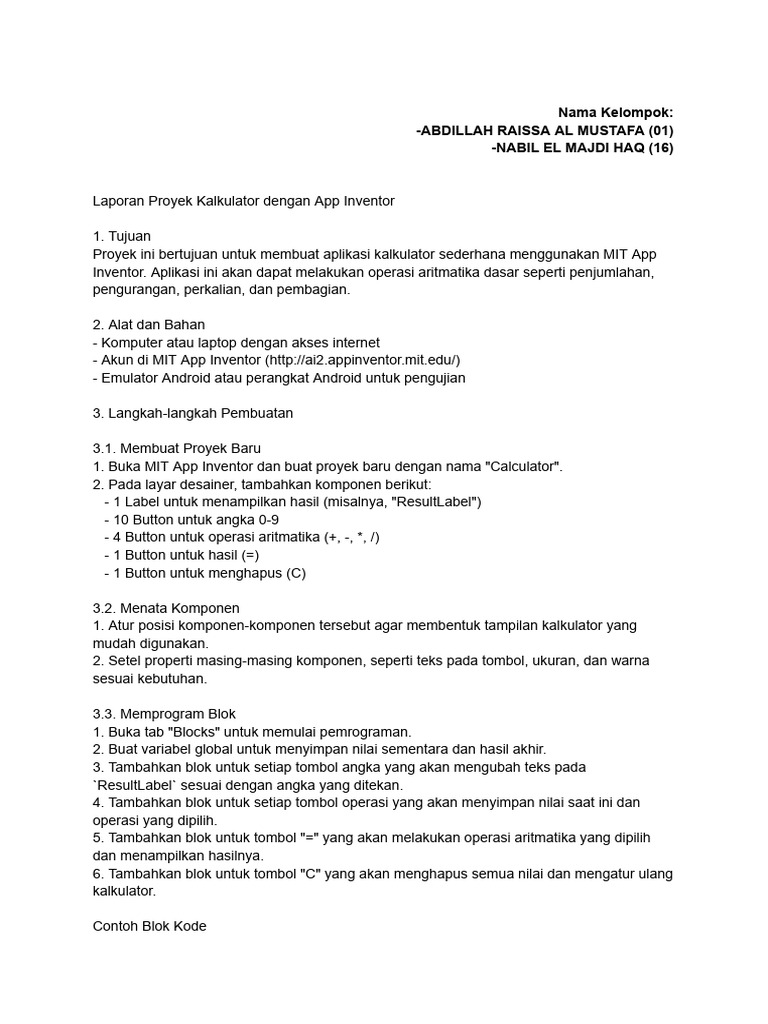 Laporan Kalkulator Menggunakan App Inventor - 1 | PDF