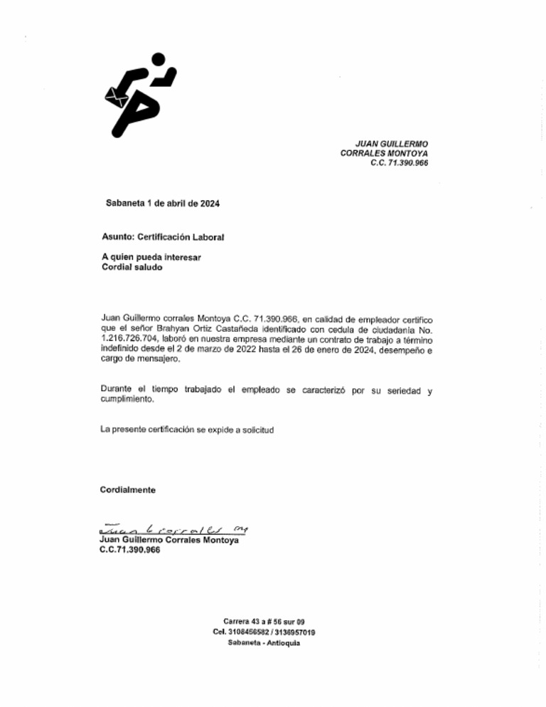 Carta Laboral Brayan | PDF