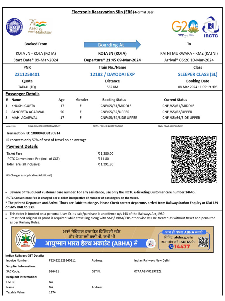 Dayodai Exp Sleeper Class (SL) : Electronic Reserva On Slip (ERS) | PDF ...