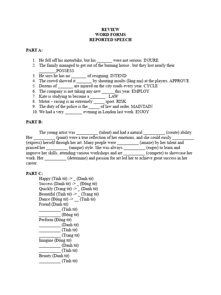 Review Word Forms Reported Speech | PDF