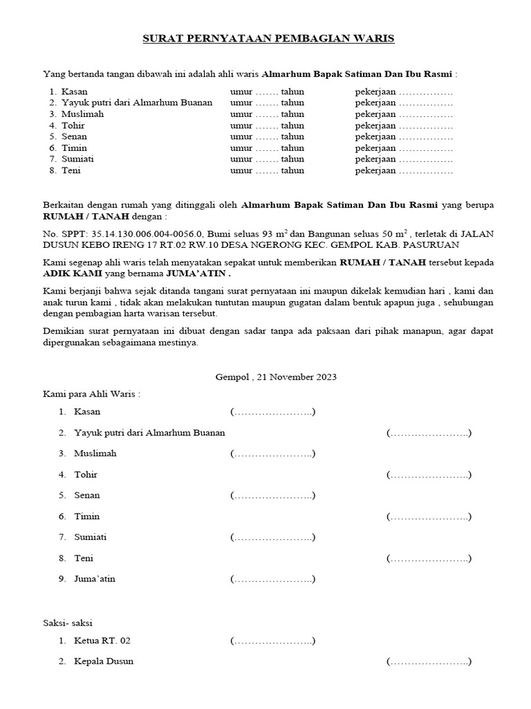 Surat Pernyataan Pembagian Waris | PDF
