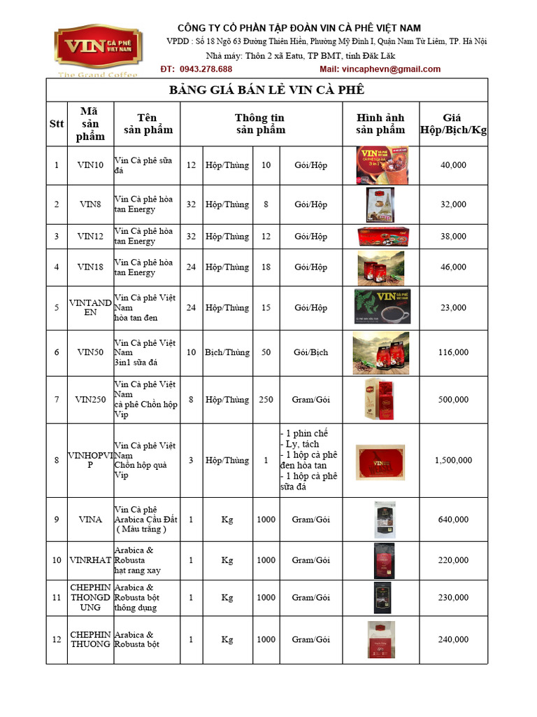 Bảng giá bán lẻ Vin Cà phê 2022 TOÀN BỘ SẢN PHẨM | PDF