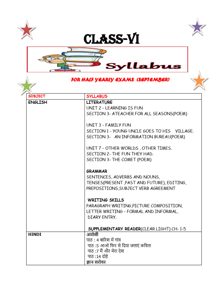 CLASS 6 Half Yearly SYLLABUS | PDF | English Language | Grammar