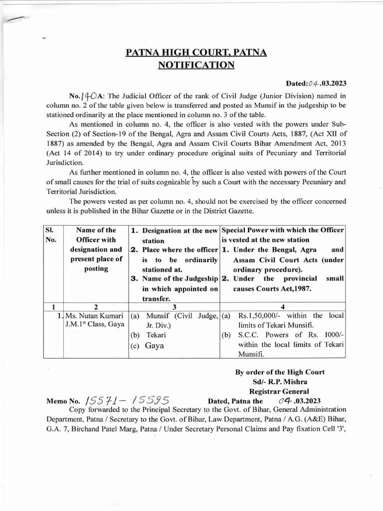 Patna Hi (!H Court, Patna Notification: (V e S e - , V,, Y, y | PDF ...