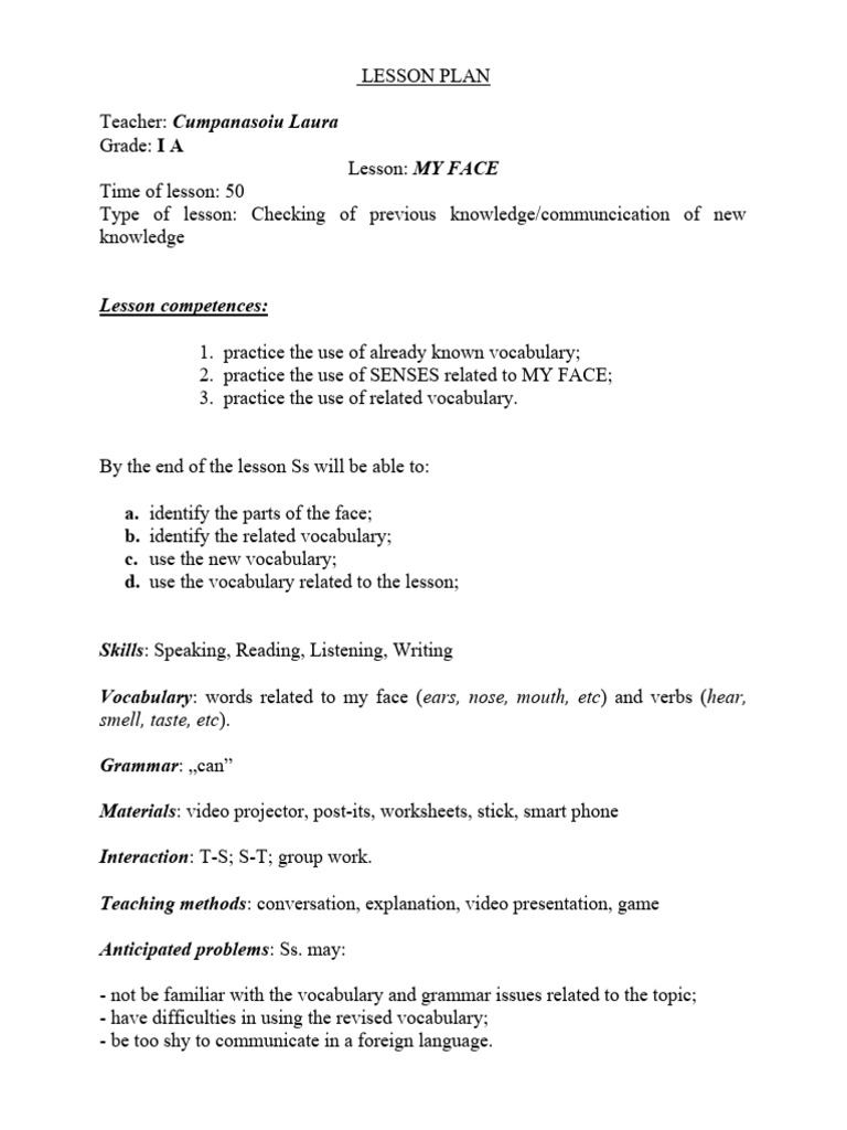 My Face Vocabulary Lesson Plan | PDF | Vocabulary | Face