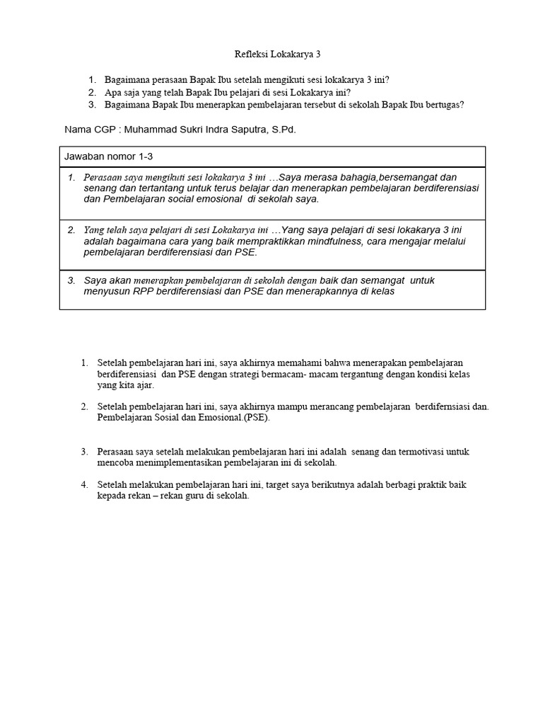 Refleksi Pembelajaran Berdiferensiasi dan PSE | PDF | Karier ...