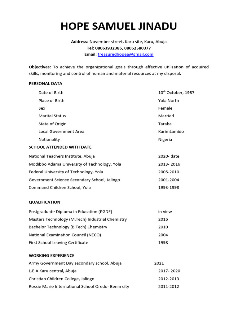 Hope Samuel Jinadu Cv-1 | PDF | Educational Stages