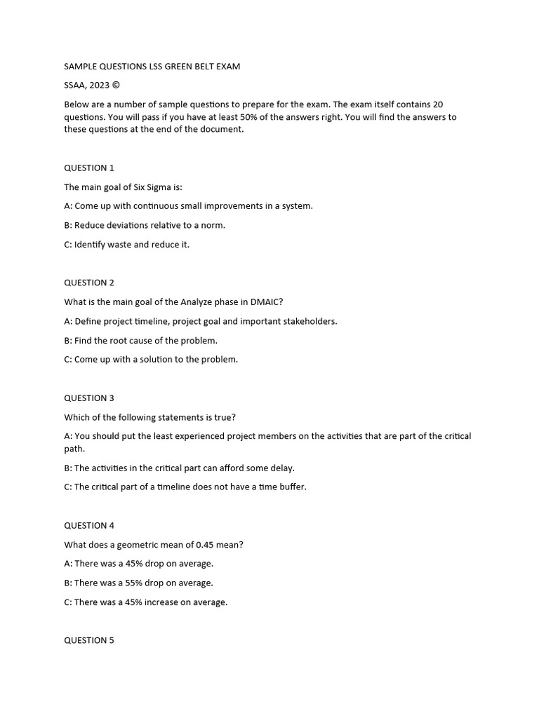 Sample Questions LSS Green Belt Exam | PDF | Six Sigma | Regression Analysis