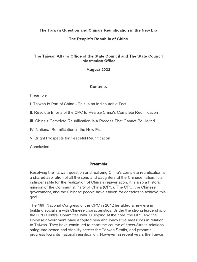 Full Text The Taiwan Question and China's Reunification in The New Era ...