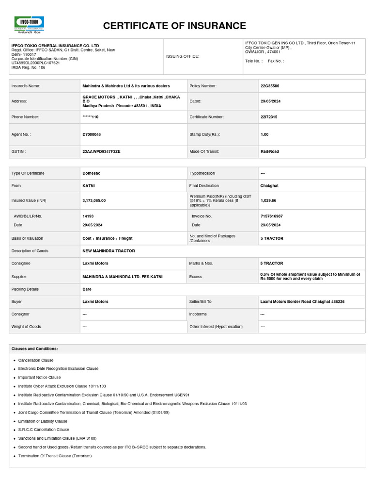 Certificate of Insurance | PDF | Insurance | Bill Of Lading