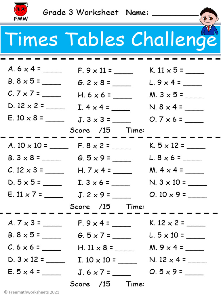 Grade 3 Times Tables Challenge Worksheet 1 | PDF