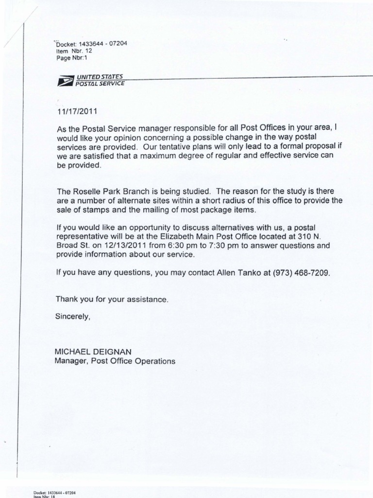 USPS Discontinuance Study Notice (November 17, 2011) | PDF