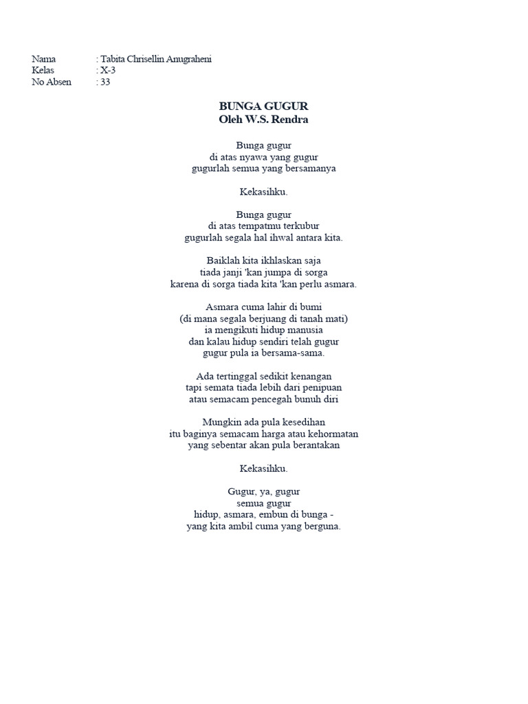 Puisi "Bunga Gugur" W.S. Rendra | PDF | Puisi