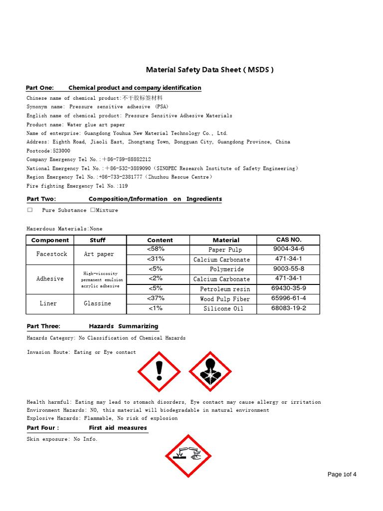 MSDS Art Paper and Adhesive (GHS) Backup | PDF | Chemical Substances ...