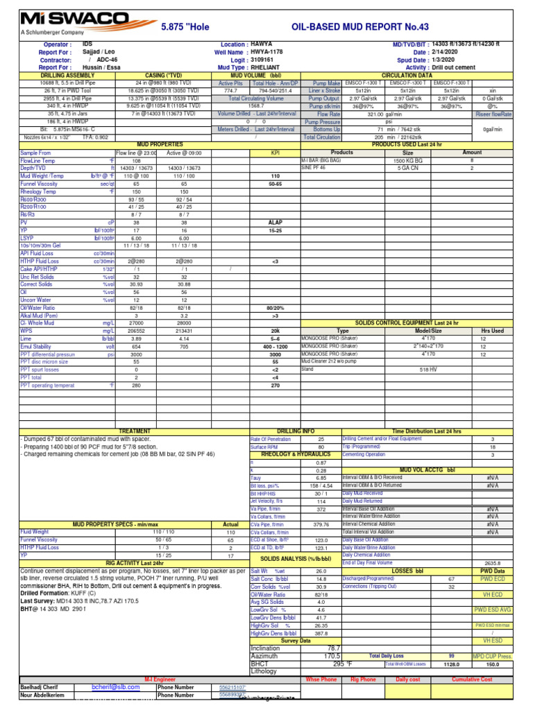 HWYH-1178 Mud Report - 7530073 - 01 | PDF | Casing (Borehole) | Liquids