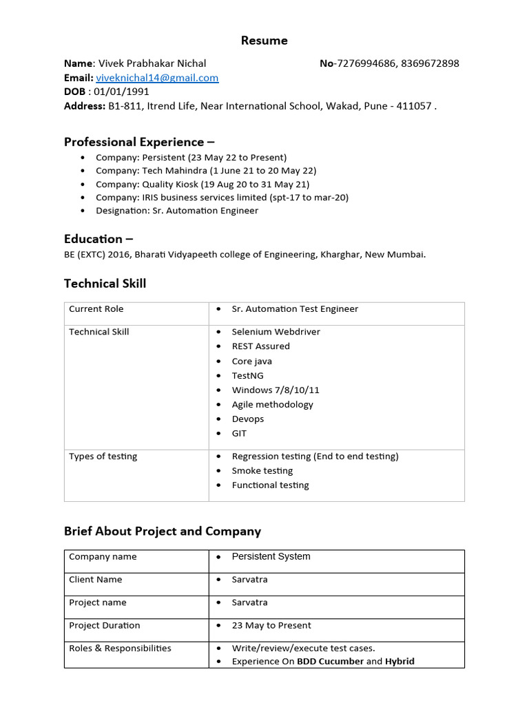 Vivek Automation Resume | PDF | Software Testing | Selenium (Software)