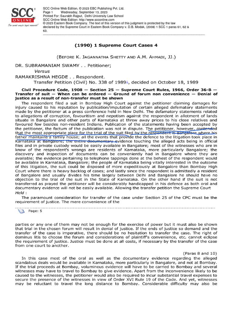 Subramaniam Swamy (DR) v. Ramakrishna Hegde, (1990) 1 SCC 4 | PDF | Justice | Crime & Violence