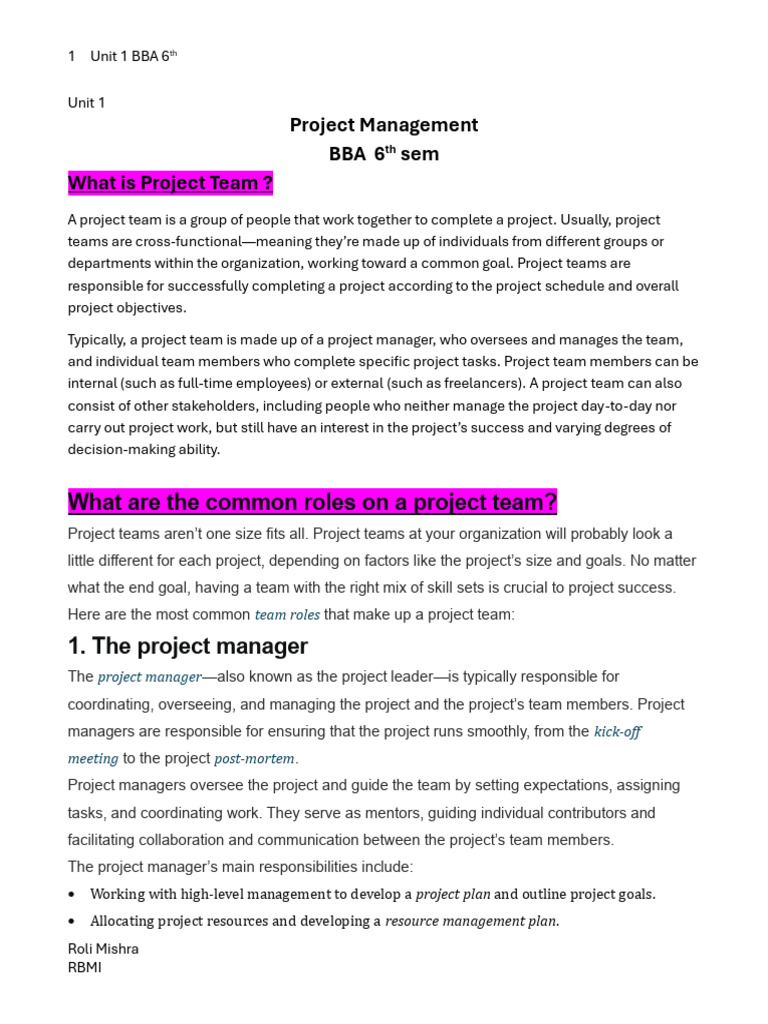Project Management Unit 1 | Download Free PDF | Project Management | Business