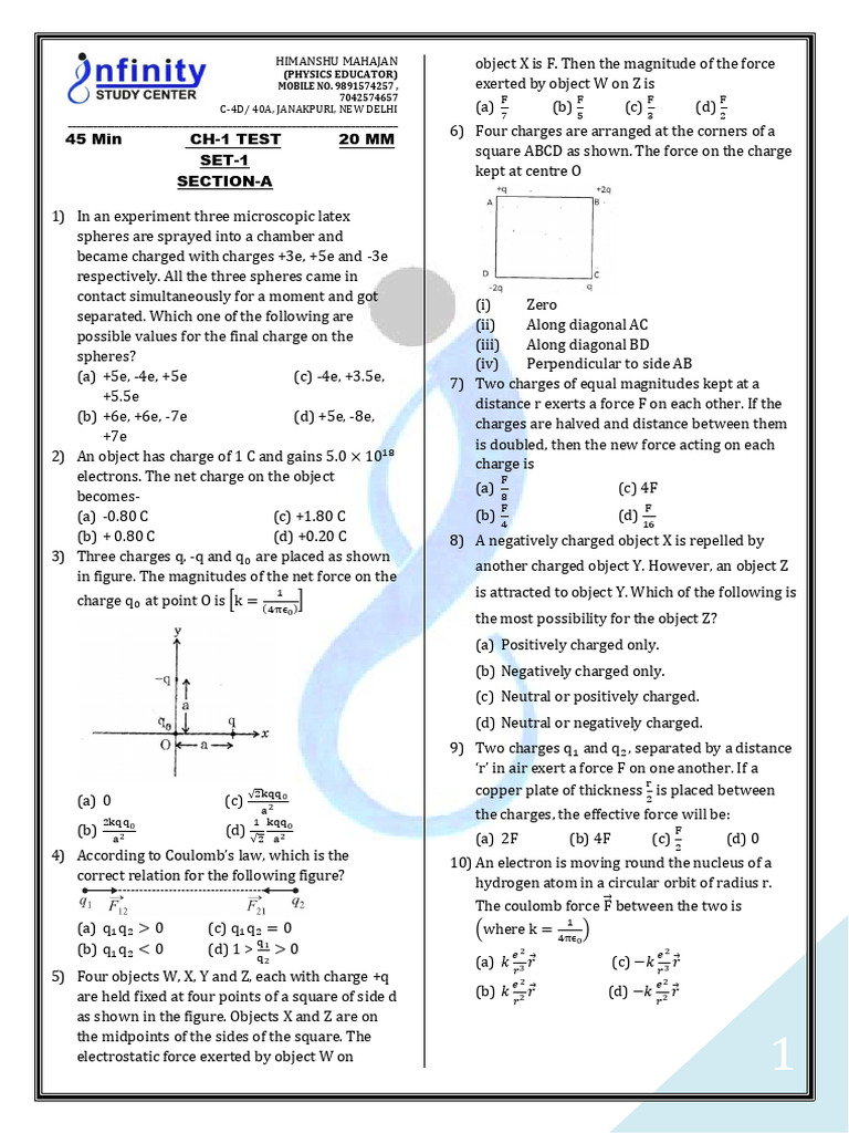 First Test CH-1 Test Set-1 | PDF | Electric Charge | Force