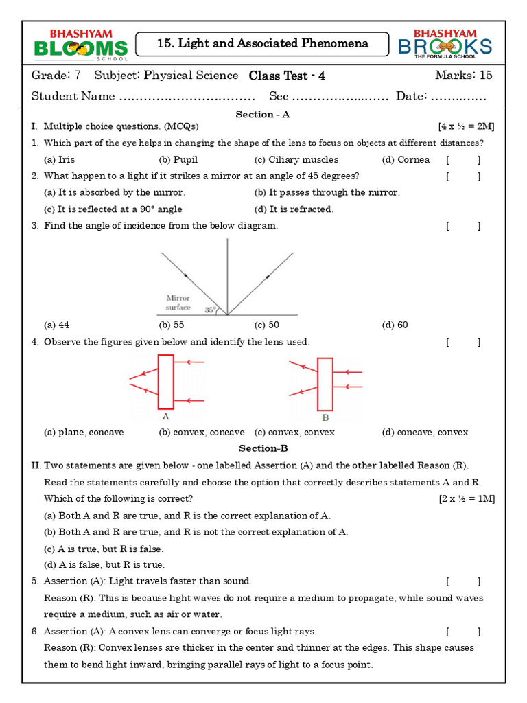 G7 Physics CT 4 CH - No. 15 | PDF | Mirror | Eye