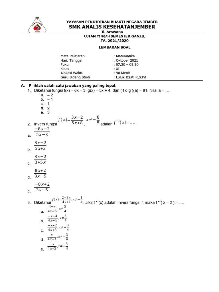 MTK Semester Xi Ganjil 2021 | PDF