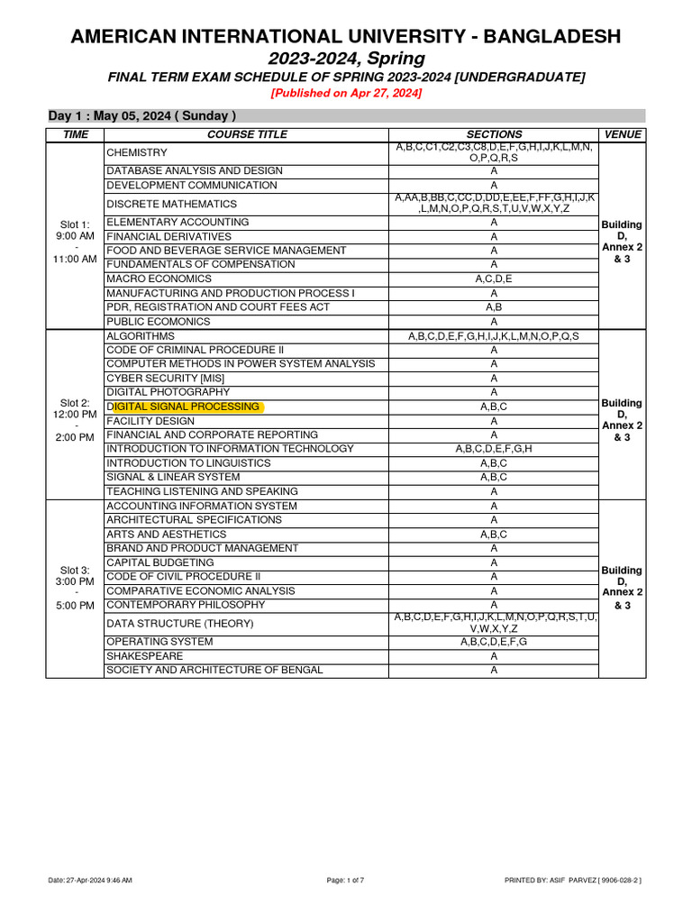 Final Term Exam Schedule of Spring 2023 2024 | PDF | Engineering