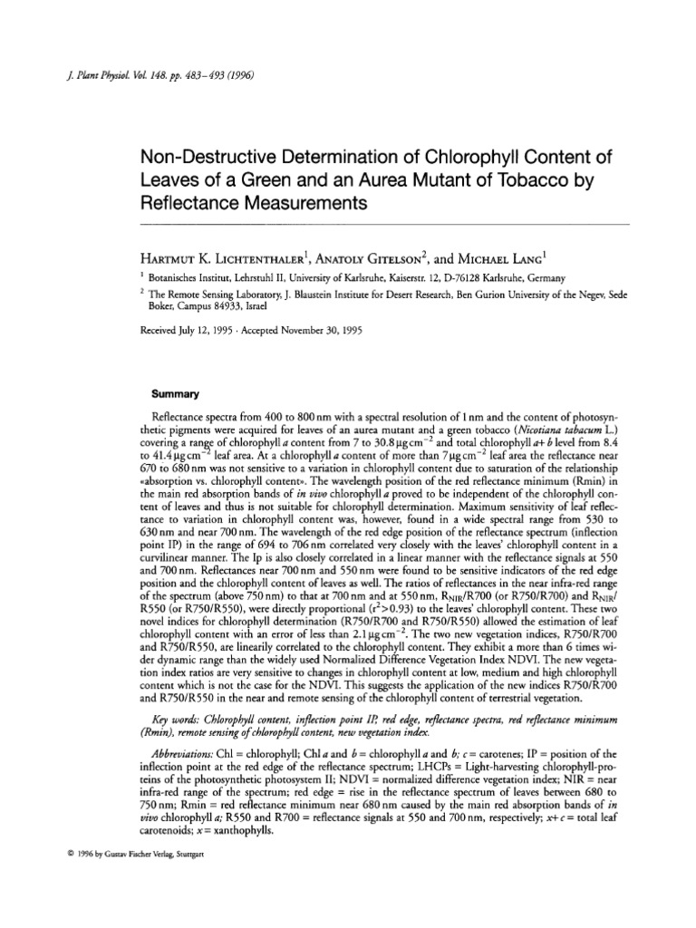 Non-Destructive Determination of Chlorophyll Content of Leaves of a ...