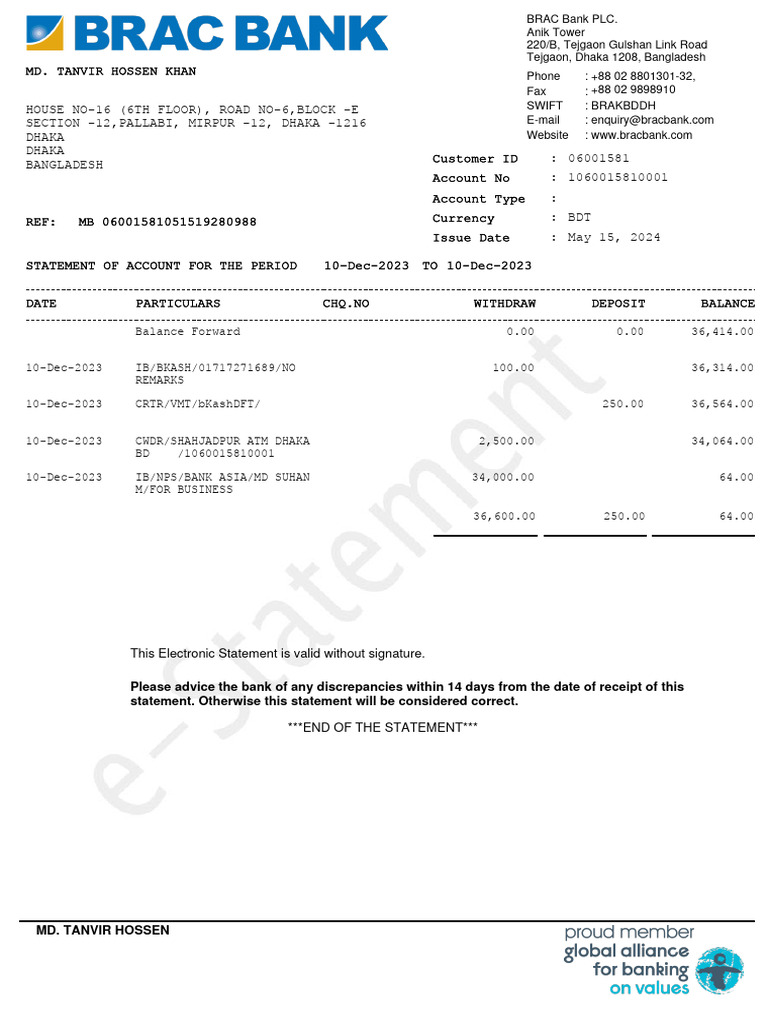 BRAC Bank Statement 15052024 | PDF | Financial Services Companies | Payments