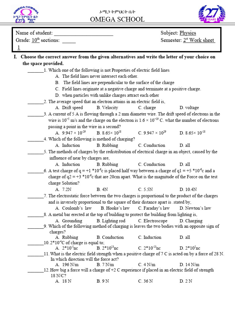 G-10 Physics Second Semester ws-1 | PDF | Electric Field | Electric Charge