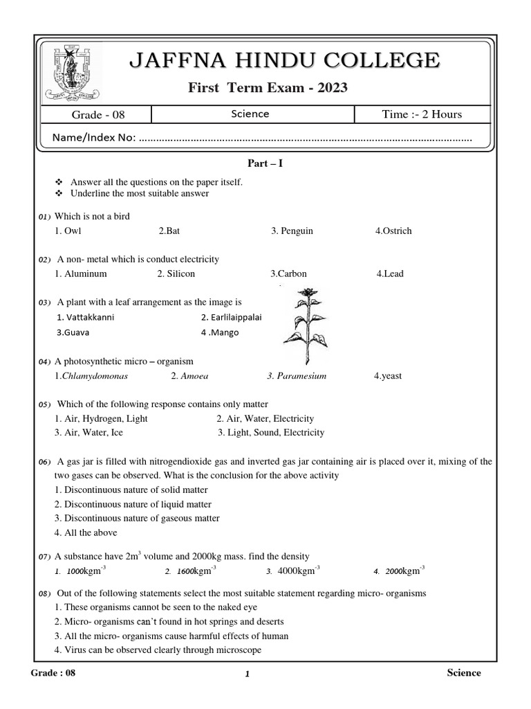 2023 Grade 08 Science 1st Term Test Paper English Medium | PDF | Water ...