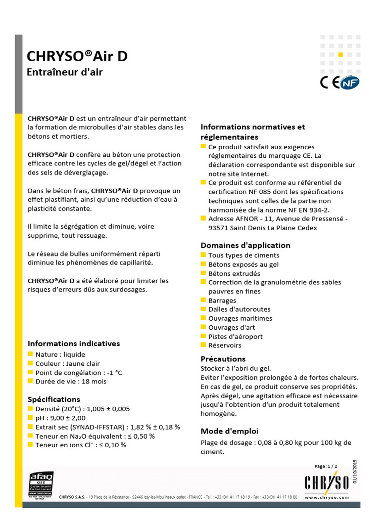 Fiche Technique Chryso Air D - 5384 - 145 | PDF | Béton | Matériau ...