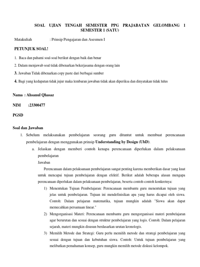 UTS Prinsip Pengajaran Dan Asesmen | PDF