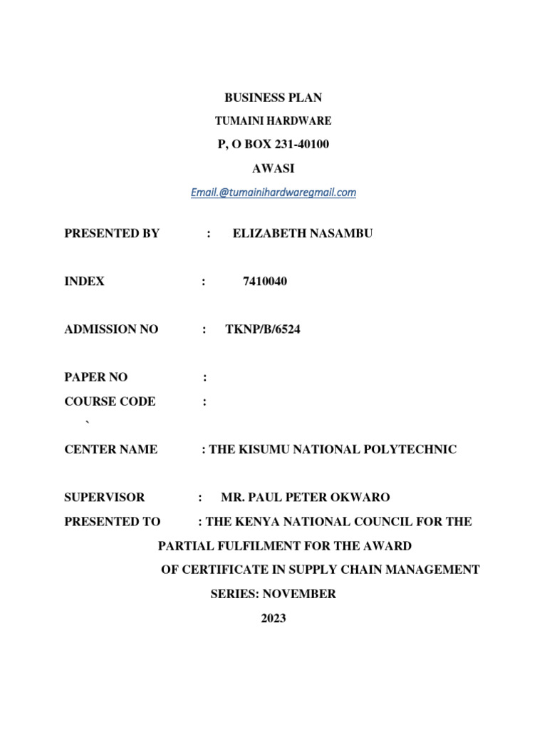 Tumaini Hardware Business Plan | PDF | Sales | Pricing