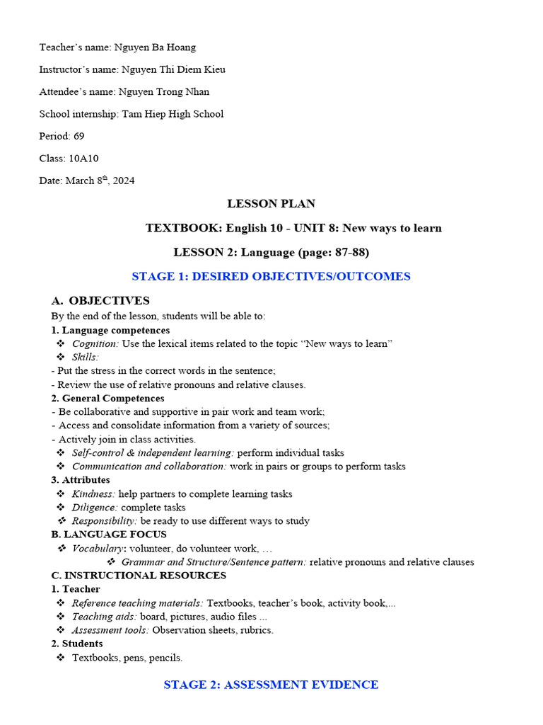 Lesson Plan TEXTBOOK: English 10 - UNIT 8: New Ways To Learn LESSON 2 ...