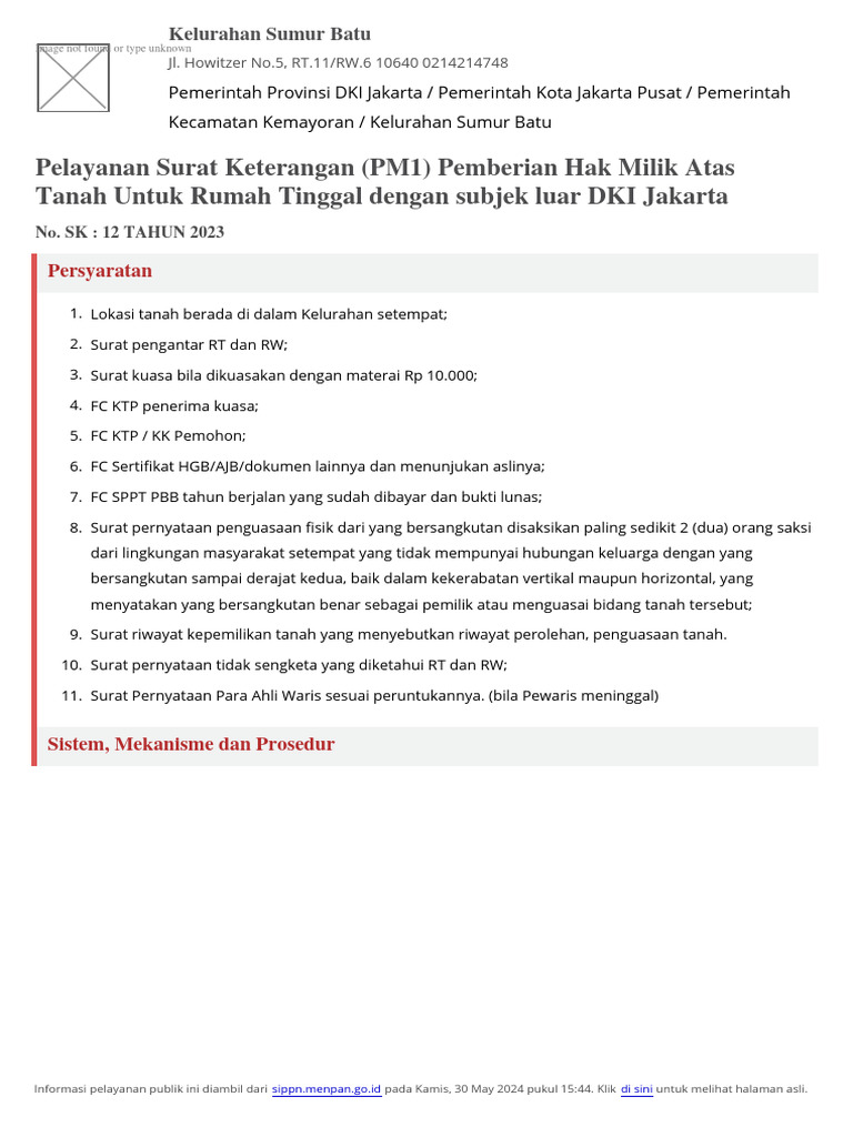 Unduh Standar Pelayanan - Pelayanan Surat Keterangan (PM1) Pemberian Hak Milik Atas Tanah Untuk ...