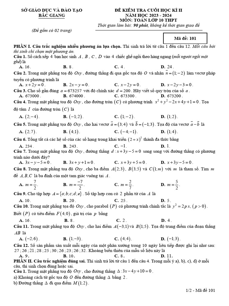 De Kiem Tra Cuoi Hoc Ki 2 Toan 10 Nam 2023 2024 So GDDT Bac Giang | PDF