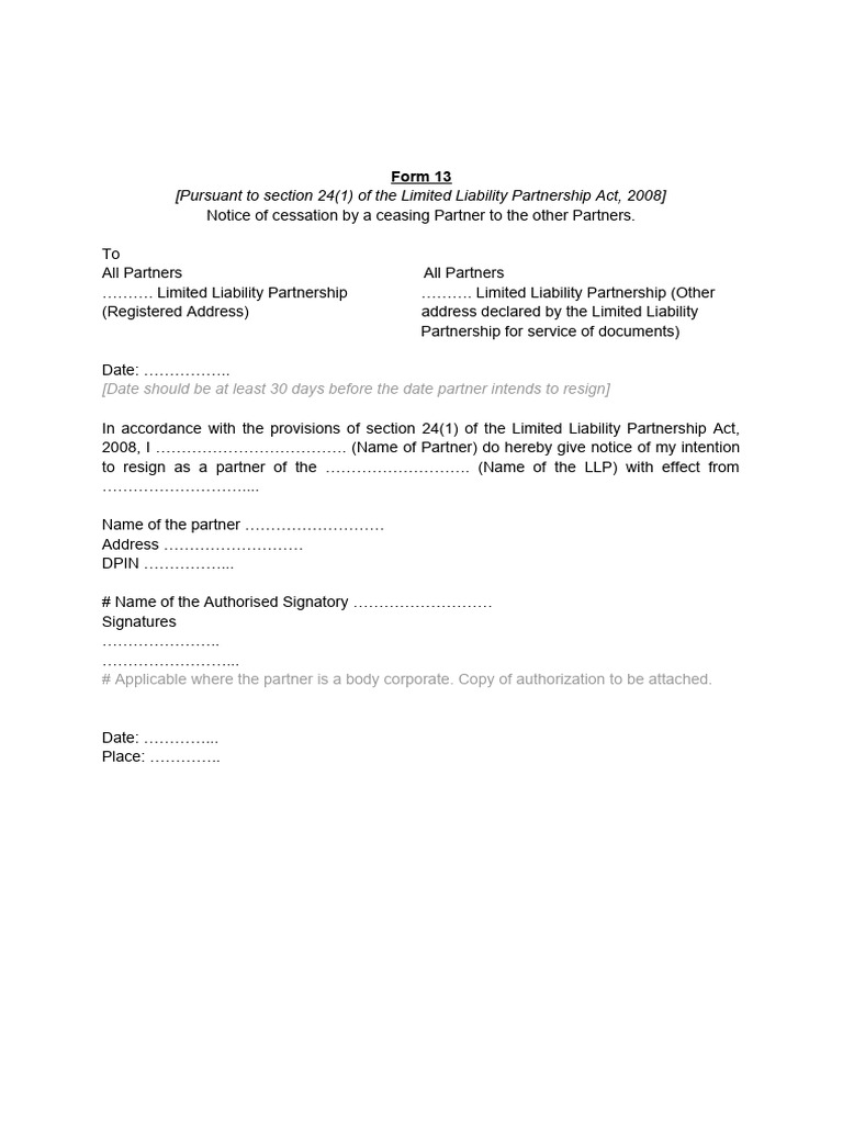 LLP Partner Resignation Notice Template | PDF