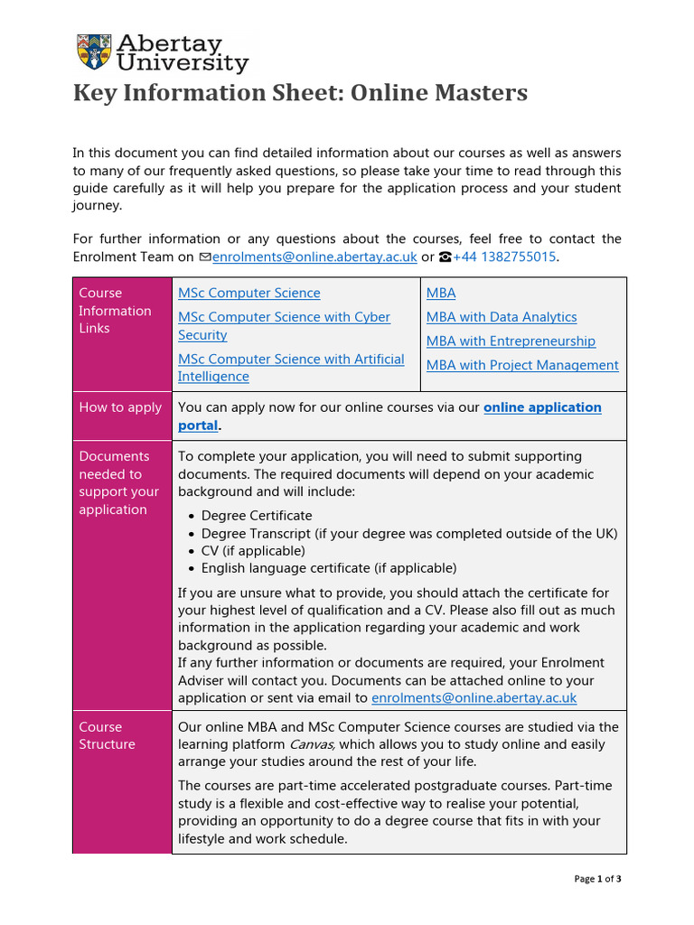 Abertay University Key Information Sheet | PDF | Postgraduate Education