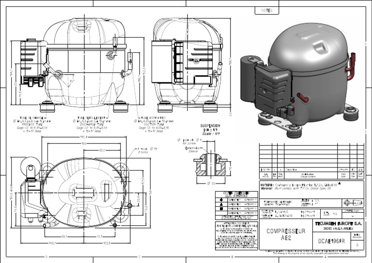 Technical Drawing Tecumseh Compressor 1 3HP R134A MHBP AE4440Y FZ1A | PDF