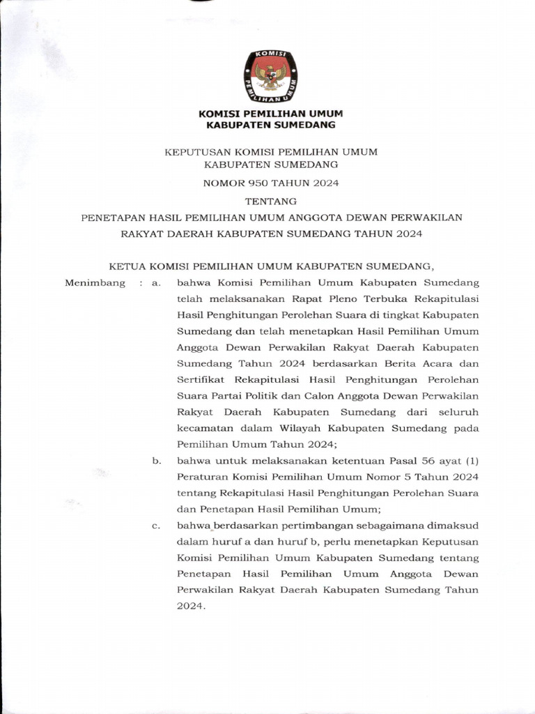 SK Nomor 950 Tahun 2024 Tentang Penetapan Hasil Pemilu DPRD Kab ...