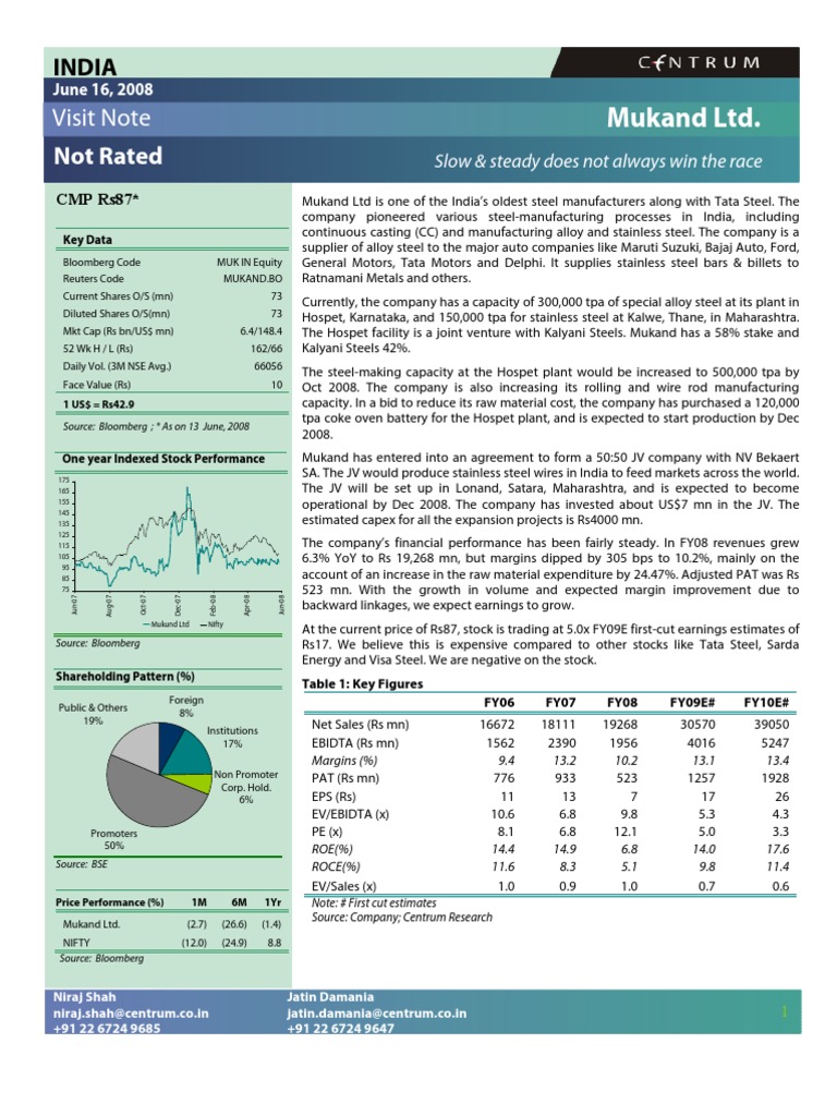 Mukand Ltd: Steel Manufacturing Insights | PDF | Forecasting | Investor