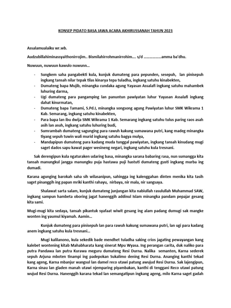Konsep Pidato Basa Jawa Acara Akhirussanah Tahun 2023 | PDF