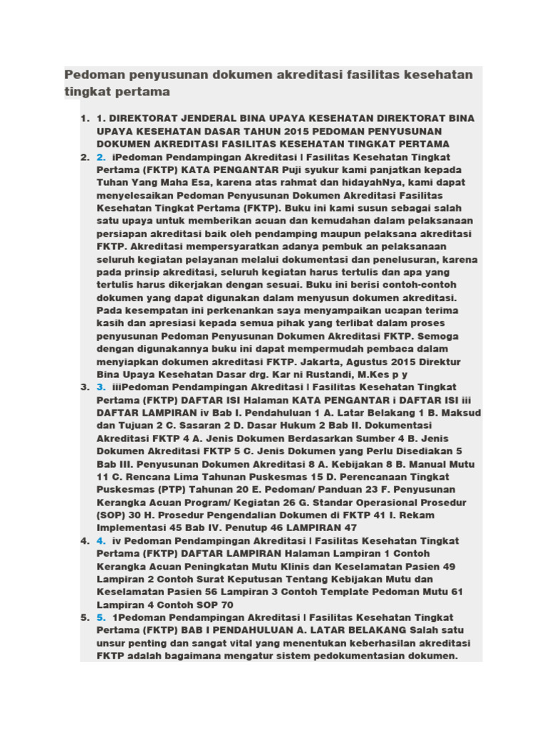 Pedoman Penyusunan Dokumen Akreditasi Fasilitas Kesehatan Tingkat Pertama | PDF