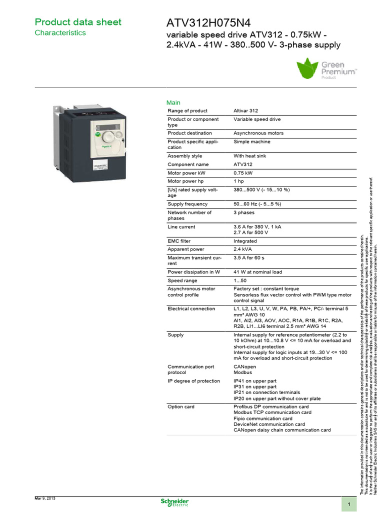 ATV312H075N4 Variable Speed Drive Datasheet | PDF | Electric Motor ...