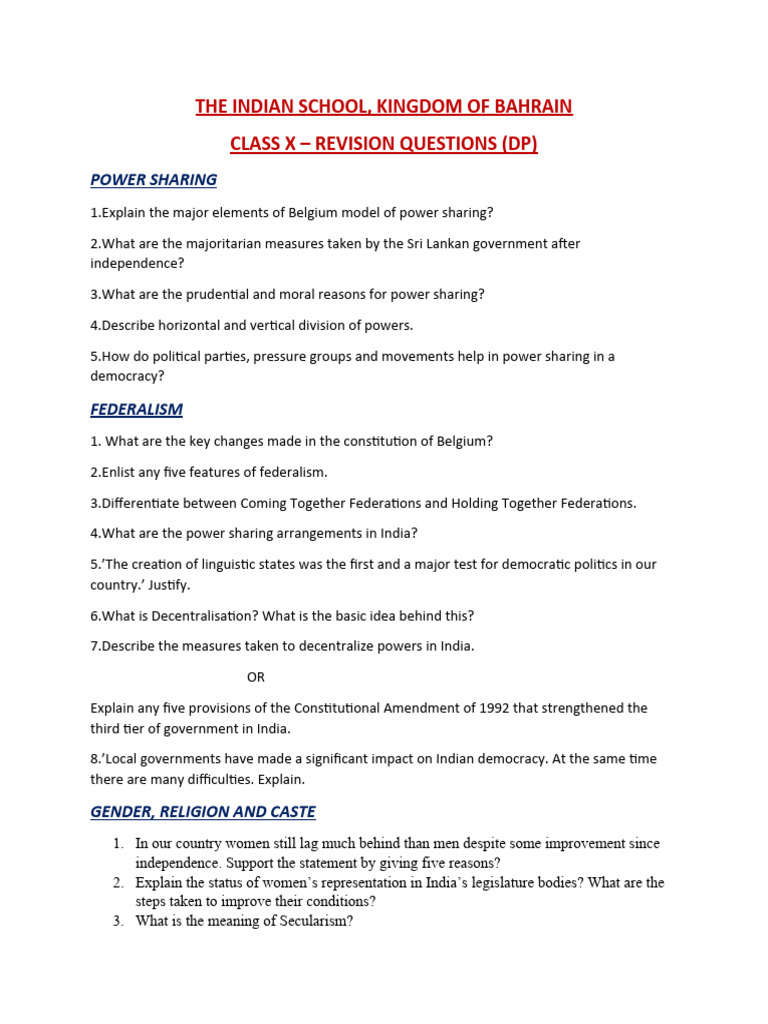 Revision Questions - Class X Civics | PDF | Democracy | Political ...