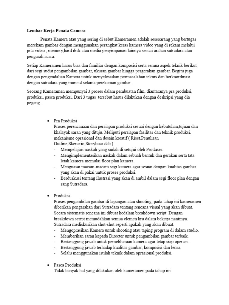 Lembar Kerja Penata Camera | PDF